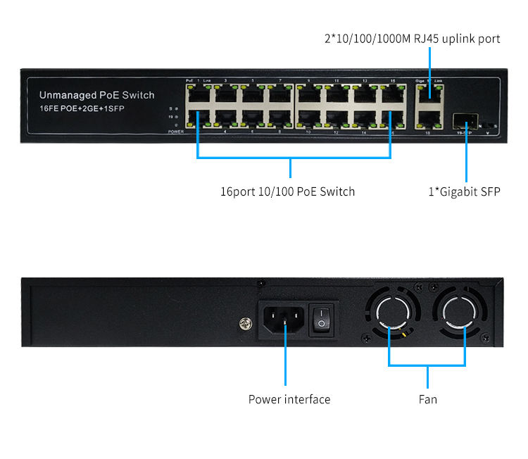 16 Port 100Mbps IEEE802.3 af/at Unmanaged PoE Switch with 2 Gigabit ...